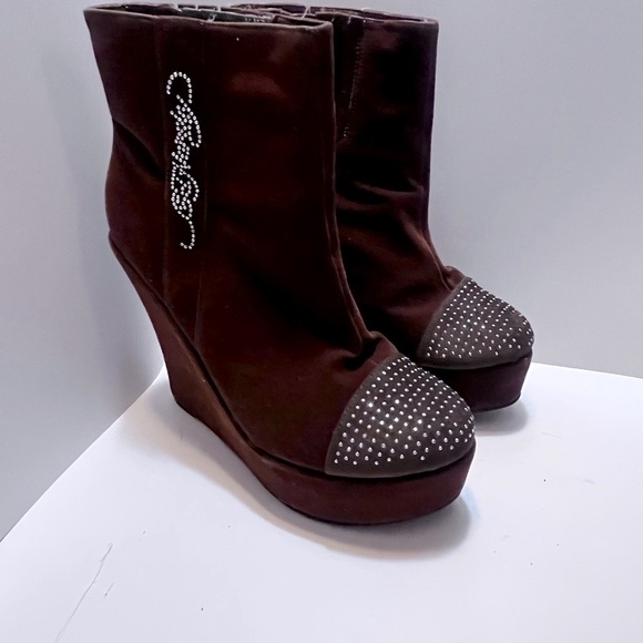 Ed Hardy | Shoes | Ed Hardy Chocolate Brown Suede Wedge Boots With ...